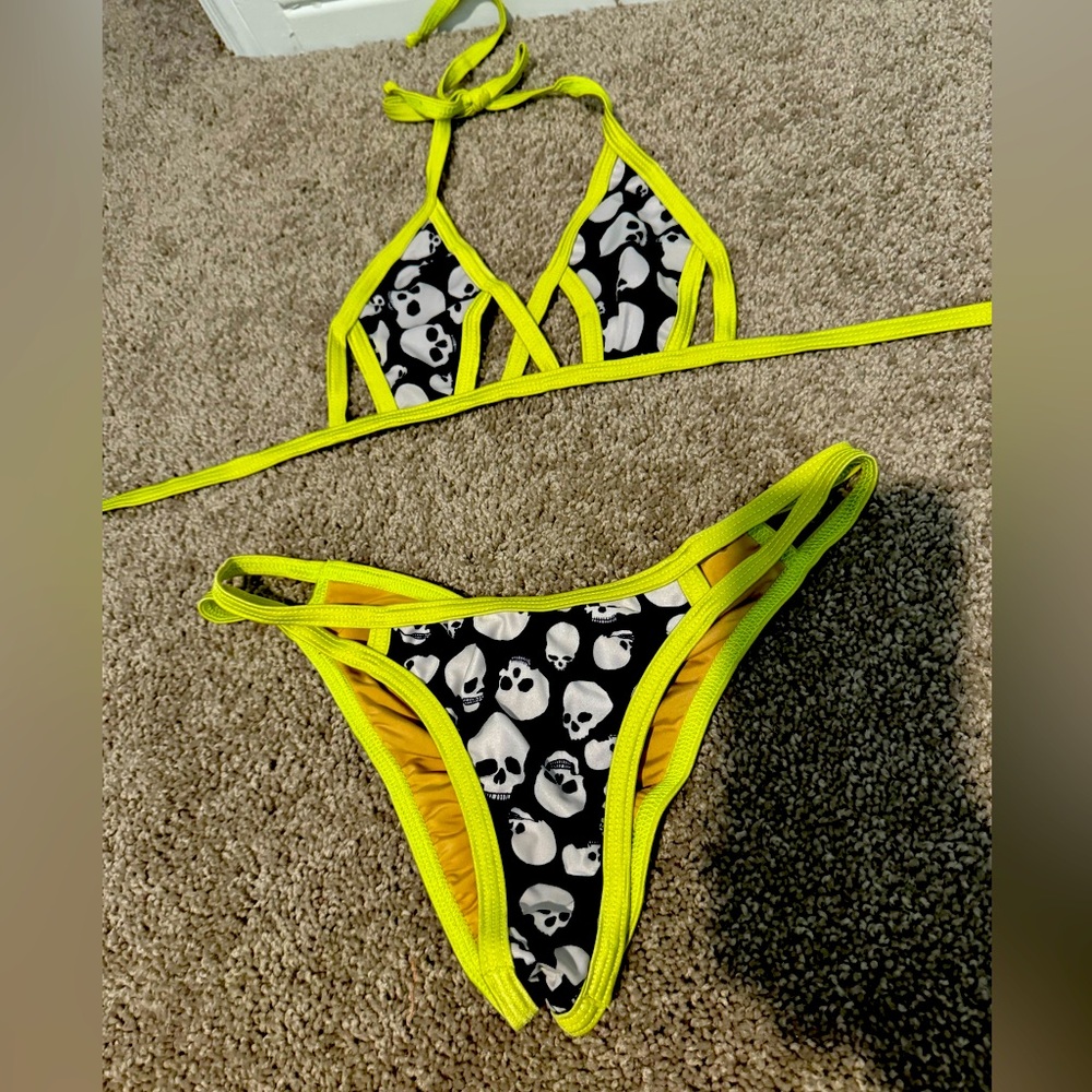 Neon Yellow And Skulls Bikini Bathing Suit - Gem